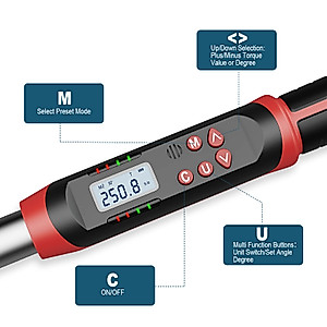 Leolee 1/2-Inch Drive Digital Torque Wrench with Angle, 12.5-250.8 ft-lb/17-340 Nm, Electronic Torque Wrench with Preset Value, Data Storage, Buzzer, LED Flash Notification for Motorcycle, Car