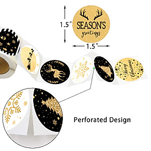 Christmas Stickers for Envelopes Holiday Labels 500PCS Black & Gold Seals Faux Glitter for Holiday Christmas Party Decoration