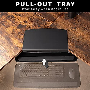 VIVO Adjustable Computer Keyboard and Mouse Platform Tray with Corner Connector, Ergonomic Under Table Desk Mount Drawer for L-Shaped Workstations, Underdesk Shelf, Black, MOUNT-KB03B-C