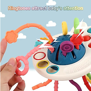 Montessori Toys for Baby: Early Educational Sensory Toys with Bell for Toddler, Rocket Silicone Pull String Activity Toys with Dimple Fidget for Fine Motor Skills Baby Travel Toy Gift (Brown)