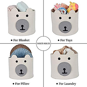 InfiBay Cotton Rope Storage Basket with Cute Bear Design, Woven Laundry Basket with Handles, Baby Nursery Organizer for Toys, Blanket, Clothes, Towels, 12”(D) x 11”(H)