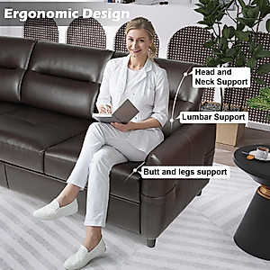 STHOUYN 85” Brown 3 Seater Couch with USB, Mid Century Modern Leather Sofas Couches for Living Room Small Spaces, Apartment Couch, Large Office Couch, Stain Resistant & 3 Tufted Cushion (Brown)