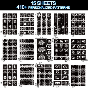 Henna Tattoo Stencils Kit Reusable for Women Girls and Kids, 410+ PCS Tattoo Templates,Temporary Indian Arabian Glitter Airbrush Tattoo Stencil Color 01