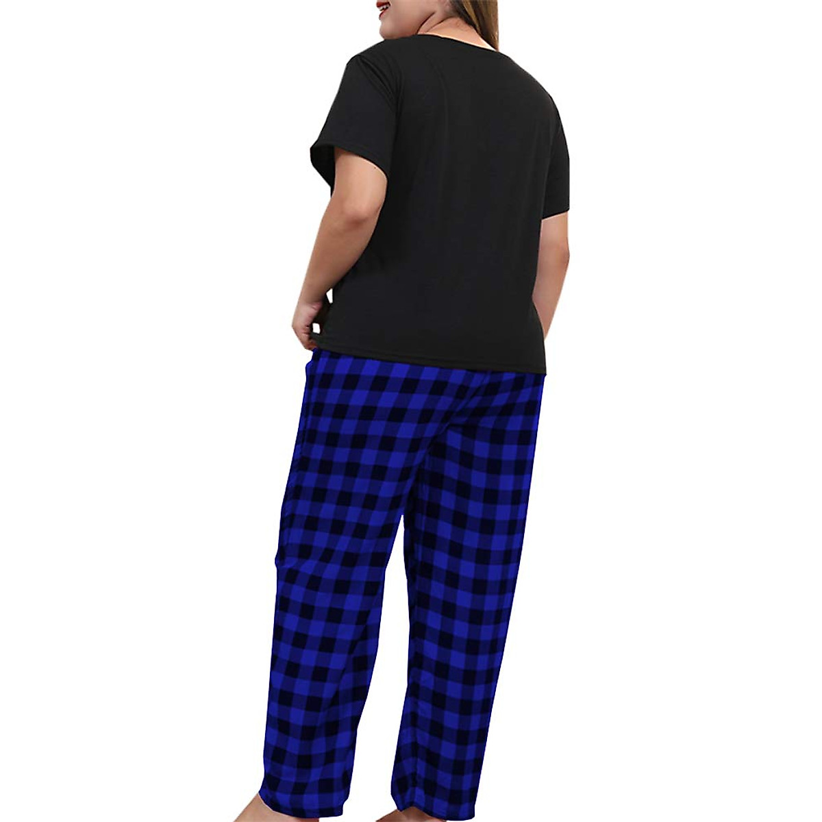 KAMONG Women Plus Size Pajamas Set Plaid Lounge Pants V-Neck Long/Short Sleeve Cotton T Shirt 2 Piece Sleepwear Blue