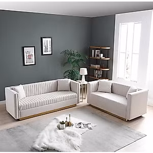 EMKK Living Room Furniture,Modern Upholstered 2-Piece Sofa Set Including 3 Seater, Loveseat,with Solid Wood Legs, Vertical Channel Tufted Backrest,Couch for Apartment with 4 Pillows, F-Beige