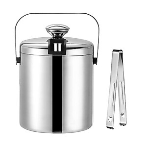 Hemoton Stainless Steel Ice Bucket with Lid Tongs and Strainer 1.3 L Double Wall Ice Barrel Insulated Ice Cube Bucket Ice holder Chilling Beer Bucket for Cocktail Bar, Parties, Buffet