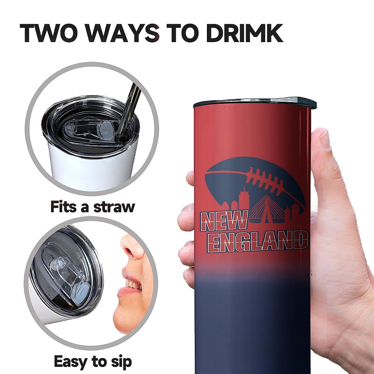 Newengland Classic Stainless Steel Tumbler with Lid and Straw, City Football Fans Gifts,20oz Football Team Skinny Travel Mug Tumbler Cup Water Botter