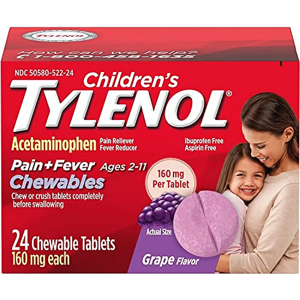 Tylenol children's Pain plus Fever, Grape, 24 Chewable Tablets (Pack of 2)