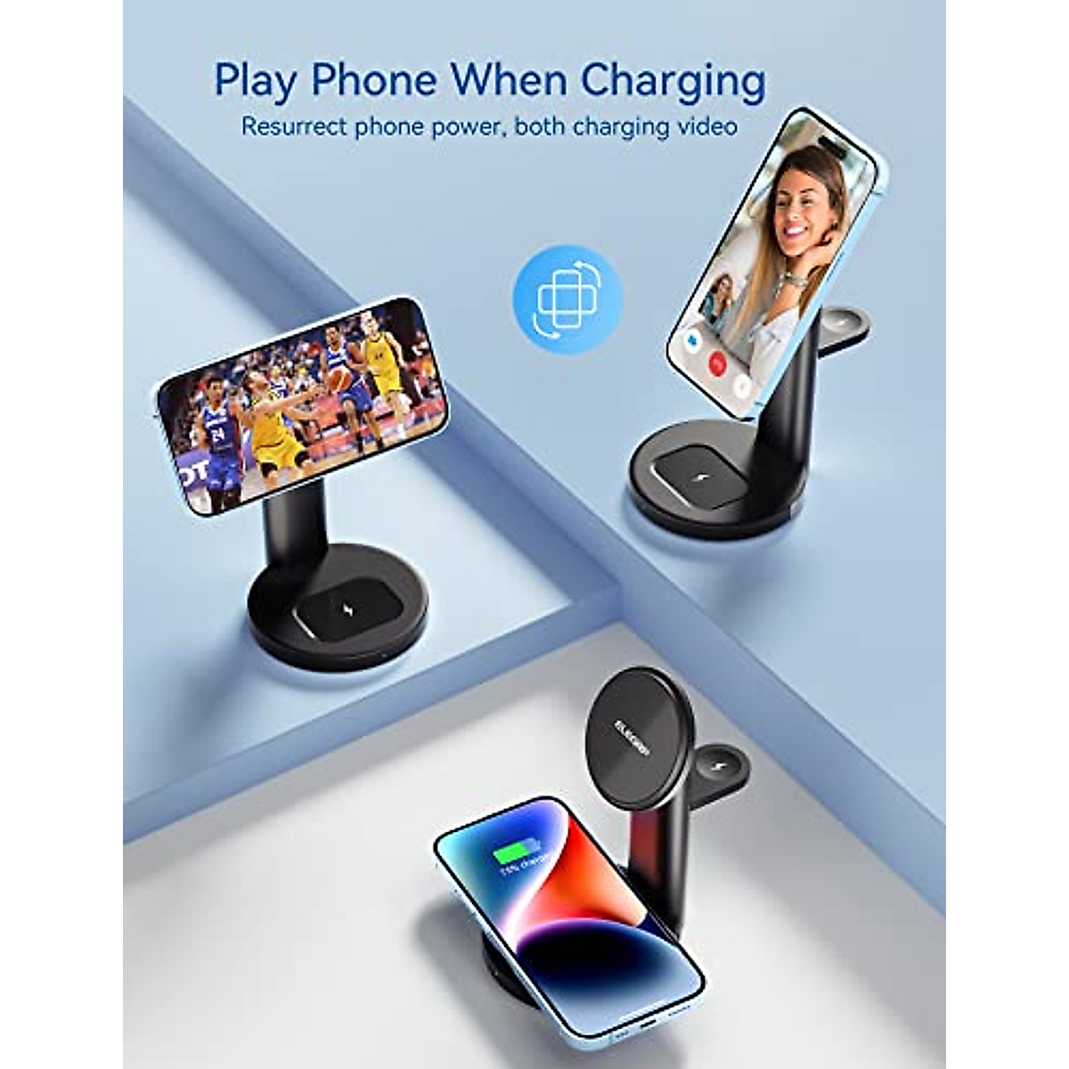 ELEGRP Magnetic Wireless Charger Station, Magesafe Charger 3 in 1 with 18W Adapter, for iPhone 14 (Plus/Pro/Pro Max), iPhone 13&12 (Mini/Pro/Pro Max), iWatch, Airpods/Samsung Headset (Black)