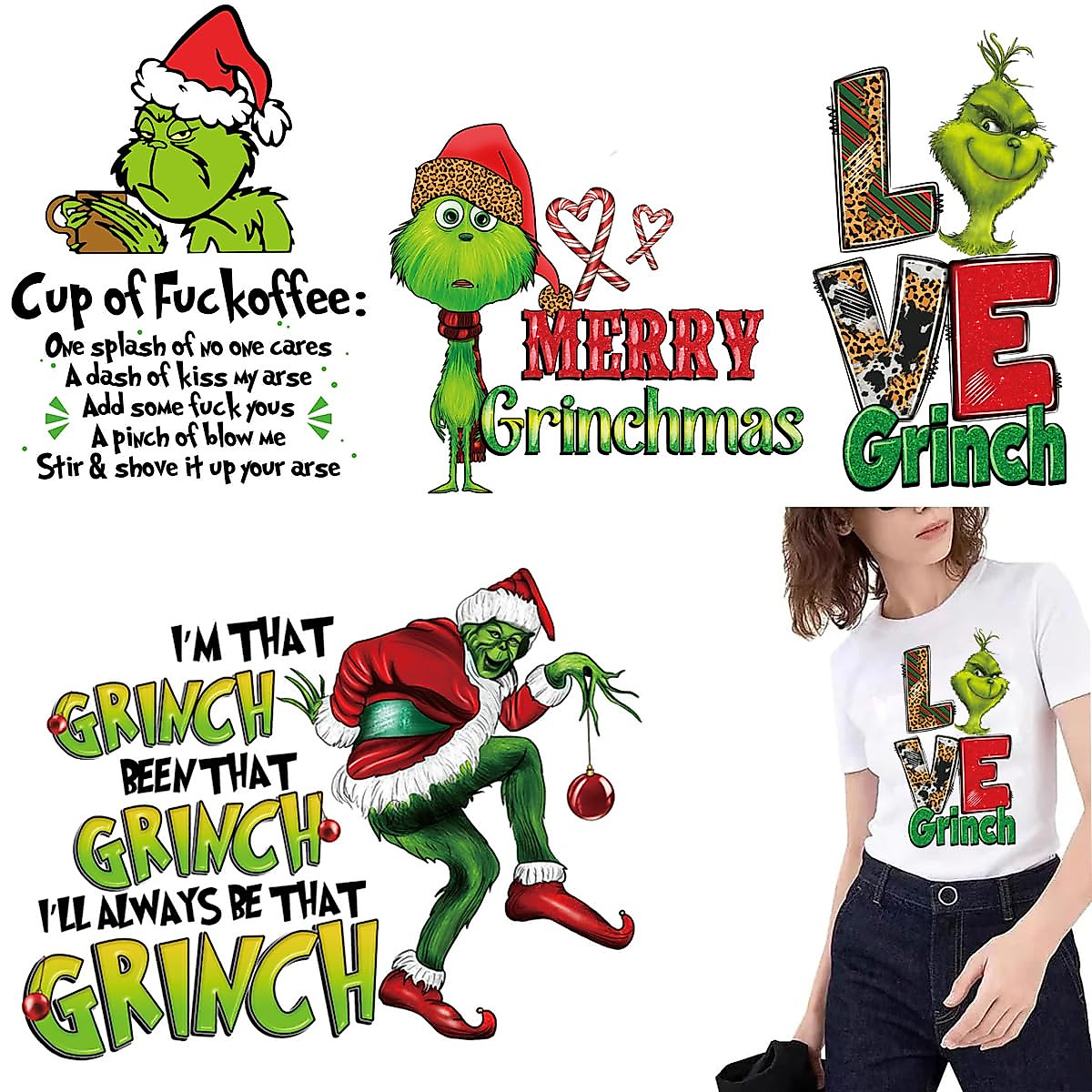 Christmas Iron on Transfers Stickers, 4 Pcs Cute Christmas Cartoon Green Monster Design Heat Transfer Decals Xmas Transfer Iron on Clothing Patches for T-Shirts Jackets Jeans DIY Decorations Craft