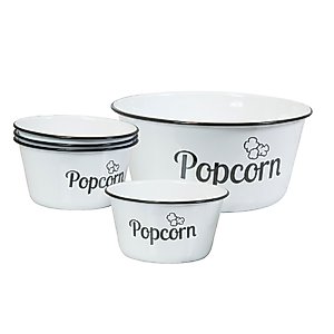 Vintage Inspired White Enamel Popcorn Bowl Set of Five, Snack Serving Bowl Set