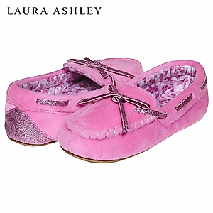 Laura Ashley Kids Girls Fleece Glitter and Bow Moccasins Fuschia 2/3