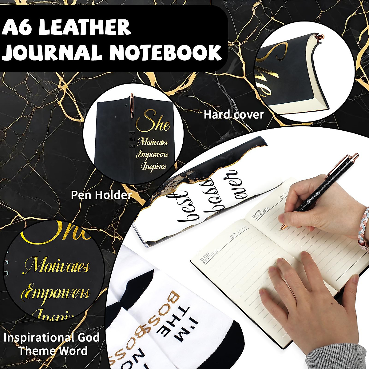 4 PCS Best Boss Lady Gifts Thank You Gifts for Women Includes 20 Oz Black Marble Tumbler Cotton Socks A6 Notepad with Ballpoints, Appreciation Day Boss Day Office Leader Christmas Gift