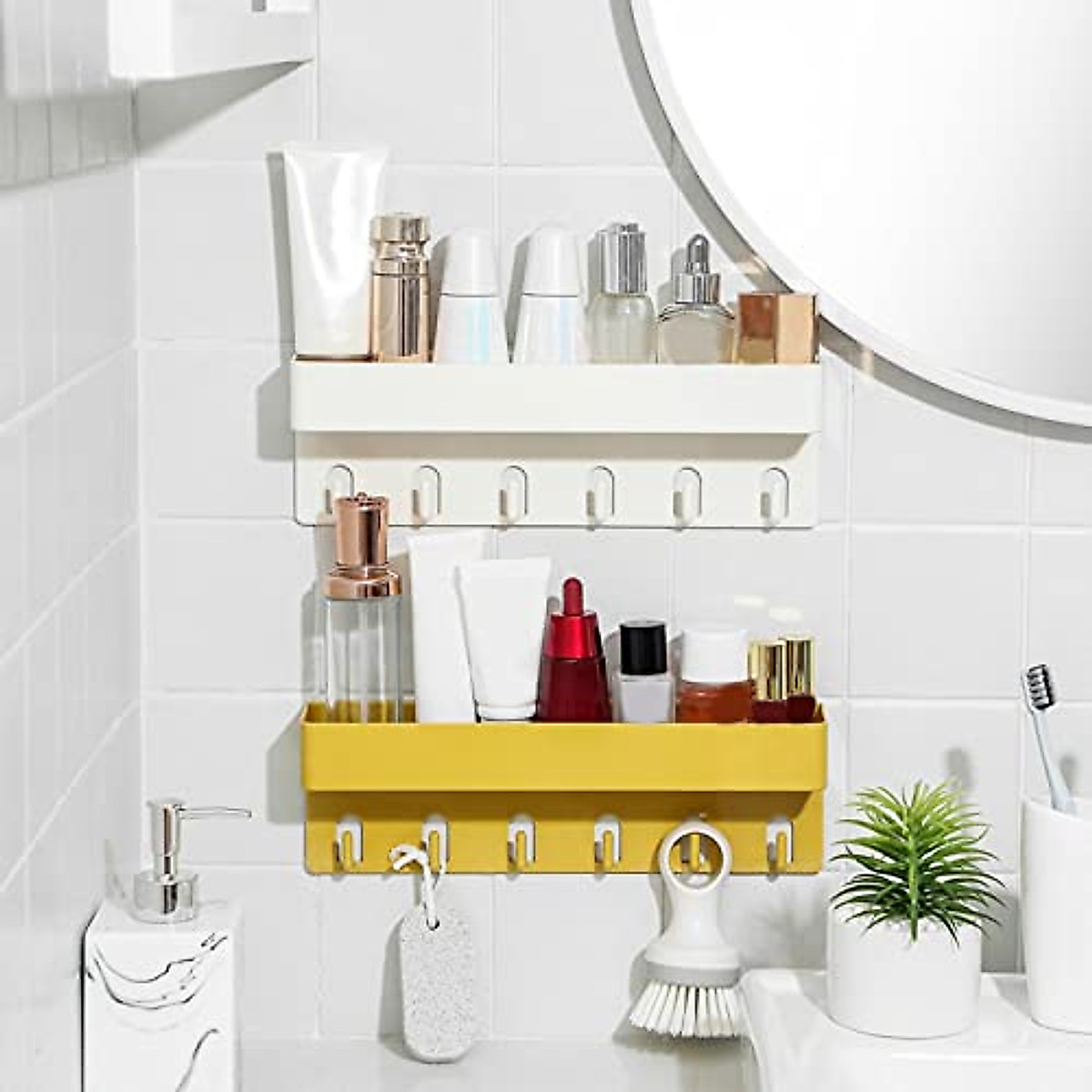 Bddalpke Bathroom Storage Shelf No Punching Towel Brush Wall Mounted Shower Basket Shower Caddy Basket for Bathroom Storage & Organization (White)