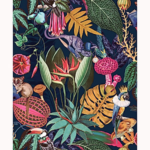 Wonderland Tropical Exotic Fantasy Themed Animal Plant Flower Printed Wallpaper Colourful Chameleon Toucan Tropical Foliage Flowers Navy Blue Holden WOW035