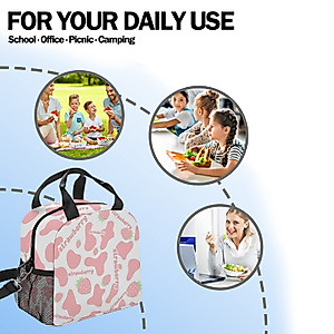 Fashion Insulation Strawberry Lunch Bag with Shoulder Strap Durable Pink Cow Print Lunch Box Waterproof Lunch Tote Bag with Pockets for Girl Women