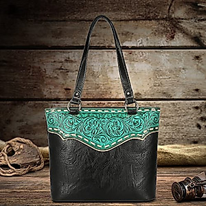 Trinity Ranch Tooled Collection Concealed Carry Tote for Women Large Top Handle Bag Western Handbags with Wallet TR150G-8317BK+W