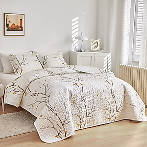 Quilt Set King Size Cream White with Black Branch Bedding Set 88x88 Soft Microfiber Lightweight Coverlet Bedspread Summer 3 Pc Bed Cover for (1 Quilt+ 2 Shams)