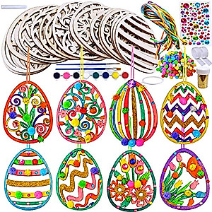 32 Sets Wooden Easter Ornaments Decorations DIY Easter Craft Kits Assorted Paintable Unfinished Wood Laser Cut Easter Egg Ornaments Pom-poms for Kids Easter Spring Classroom Home Activity Art Project