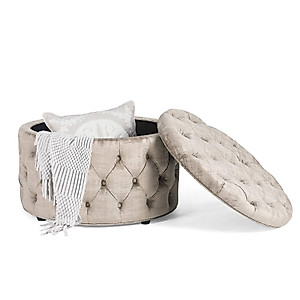 Homebeez 28 Inch Round Velvet Storage Ottoman, Button Tufted Footrest Stool Bench Coffee Table for Living Room (Beige)