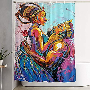 NMPPTM 4 Pcs Sets King African American Lovers Couple Colorful Painting Shower Curtain with Non-Slip Rugs, Toilet Lid Cover and Bath Mat,Durable Waterproof Shower Curtain