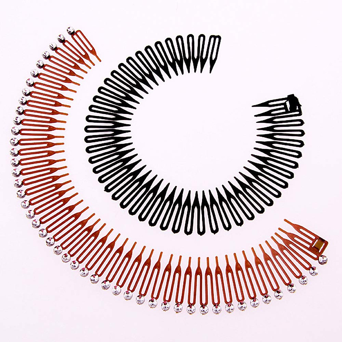 8Pcs Full Circle Spring Head Band Comb Plastic Flexible Hair Combs Headbands with Deep Teeth and Closure (4 Black + 4 Brown)