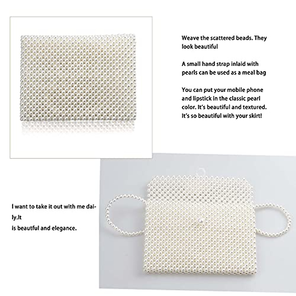 Pearl Bag for Women Girls, Hogoo Luxury White Pearl Bag Chain Bag Beaded Crossbody Bag Big Rectangle Handmade Bags Shoulder Bag Clutch Purse Bag for Wedding Bridal Shower Dinner Party Gifts
