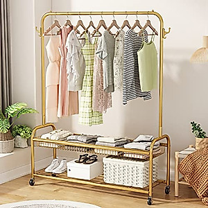 Thick forest Gold Clothes Rack Gold Clothing Rack Gold Garment Rack Rolling Organizer with Wheels Bottom Shelves Double Tiers for Multipurpose