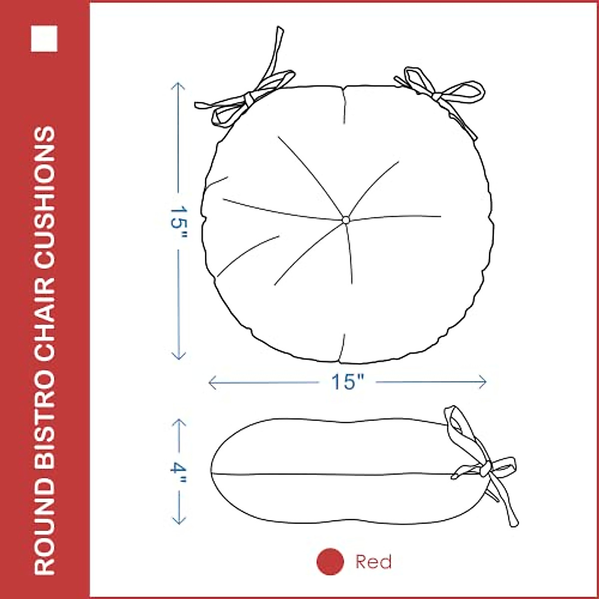 YOOZEKU Outdoor Round Bistro Chair Cushions,15 inch Round Seat Cushions with Ties for Outdoor Patio Chairs,Set of 2,Red