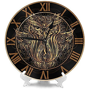 Tenghui Hand Drawn Boho Totemic and Mascot Owl Round Wall Clock Silent Non Ticking Battery Operated Easy to Read for Student Office School Home Decorative Clock Art