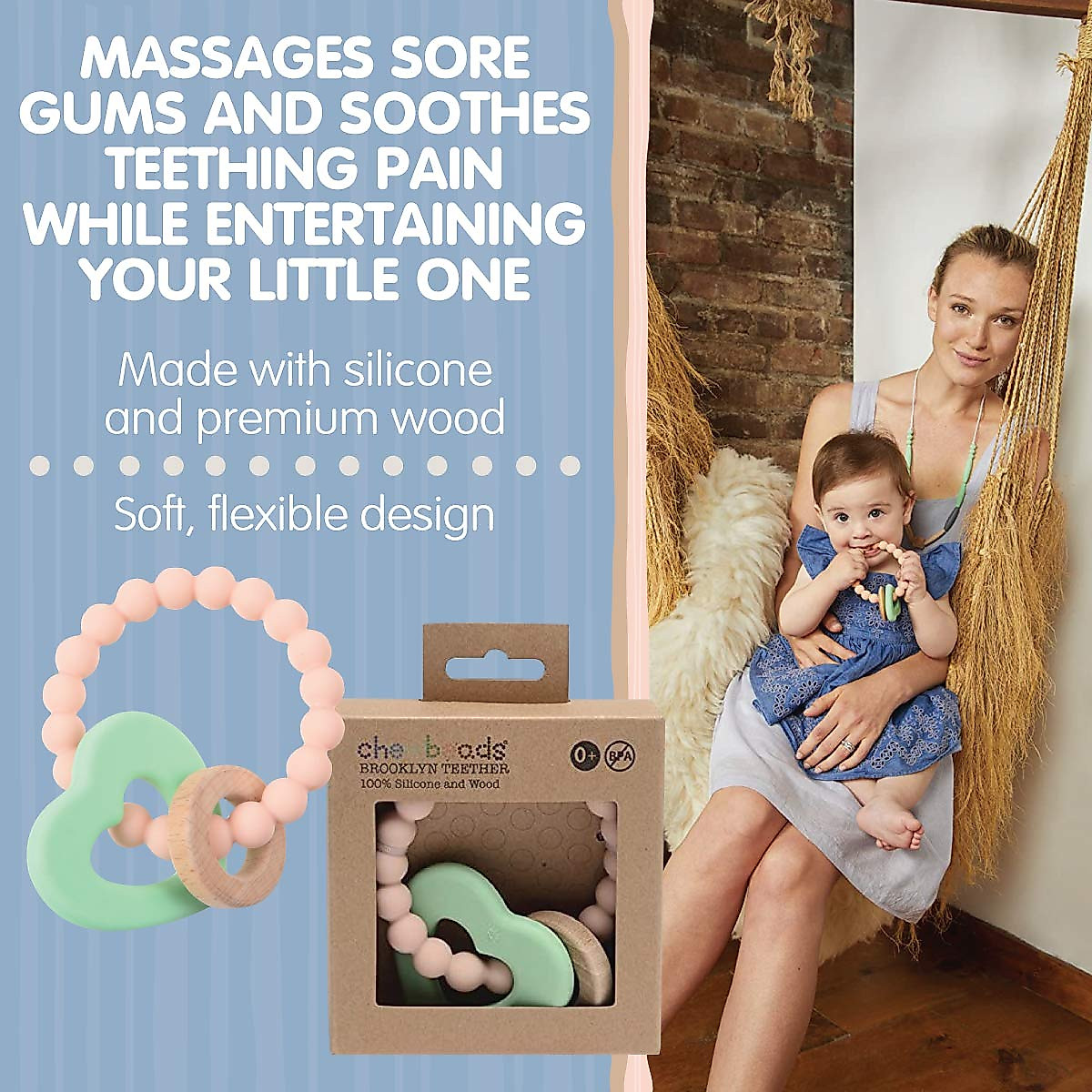 Chewbeads - Brooklyn Teething Toy - Silicone Teething Ring & Wood Teether for Infants, Babies & Toddlers - Baby Teether & Modern Baby Rattle - Medical Grade Silicone Baby Toy 3-6 Months - Mint