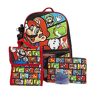 Super Mario Backpack with Lunch Box Set for Boys & Girls, 16 inch, 5 Piece Value Set