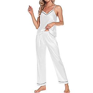 SWOMOG Satin Pajama Set Women Silk Pjs Set Short Sleeve 4 Piece Button Down Sleepwear Lounge Sets White