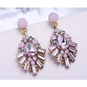 Gold Tone Antique Vintage Retro Art Deco Style Pink Rhinestone Dangle Wedding Bridal Prom Bridesmaid Cluster Earrings
