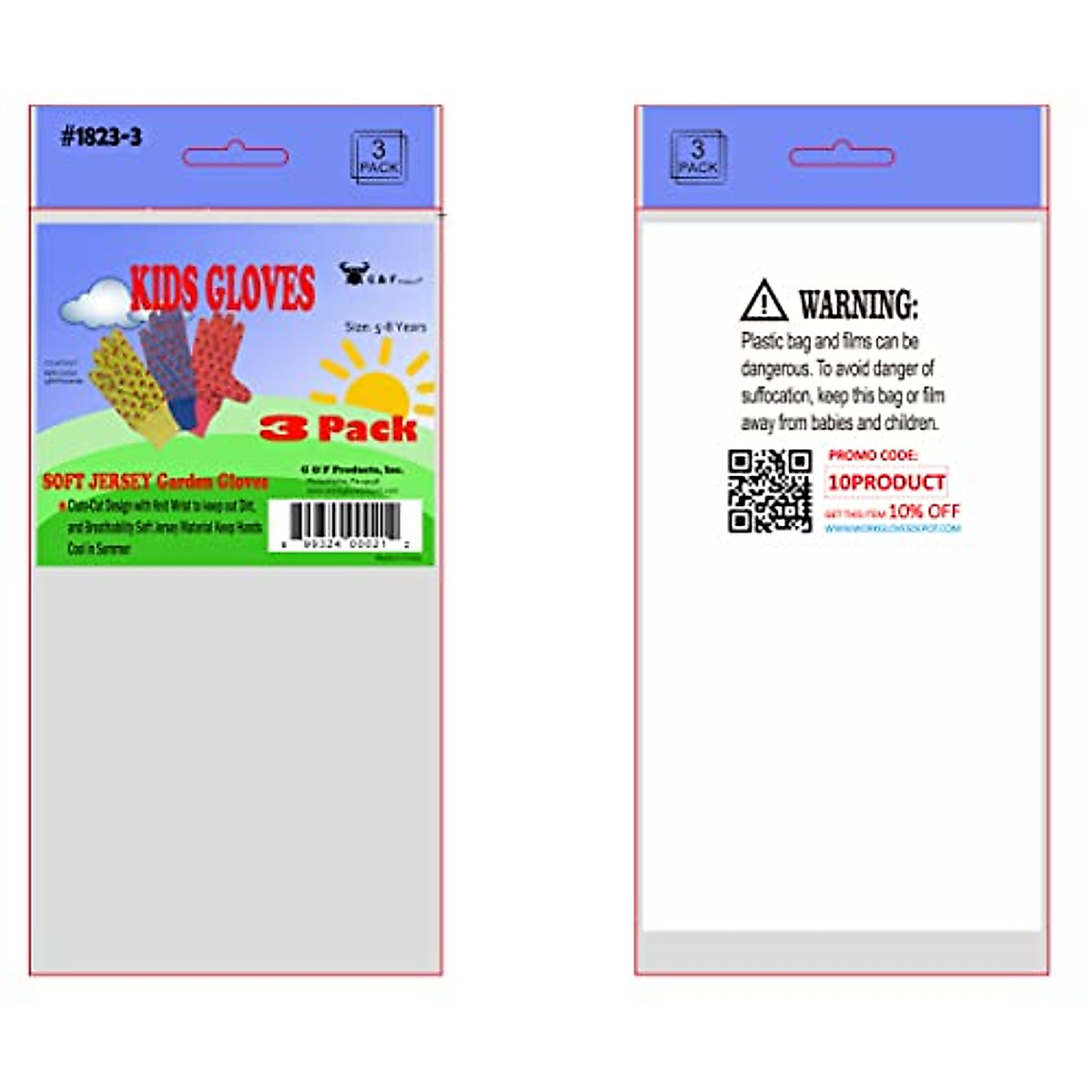 G & F Products 1823-3 JustForKids Soft Jersey Kids Garden Gloves, Kids Work Gloves, 3 Pairs Green/Red/Blue per Pack