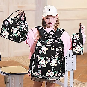 School Backpack Girls Floral Bookbag Teens Water-resistant Schoolbag Kids Insulation Lunch Bag and Pencil Case