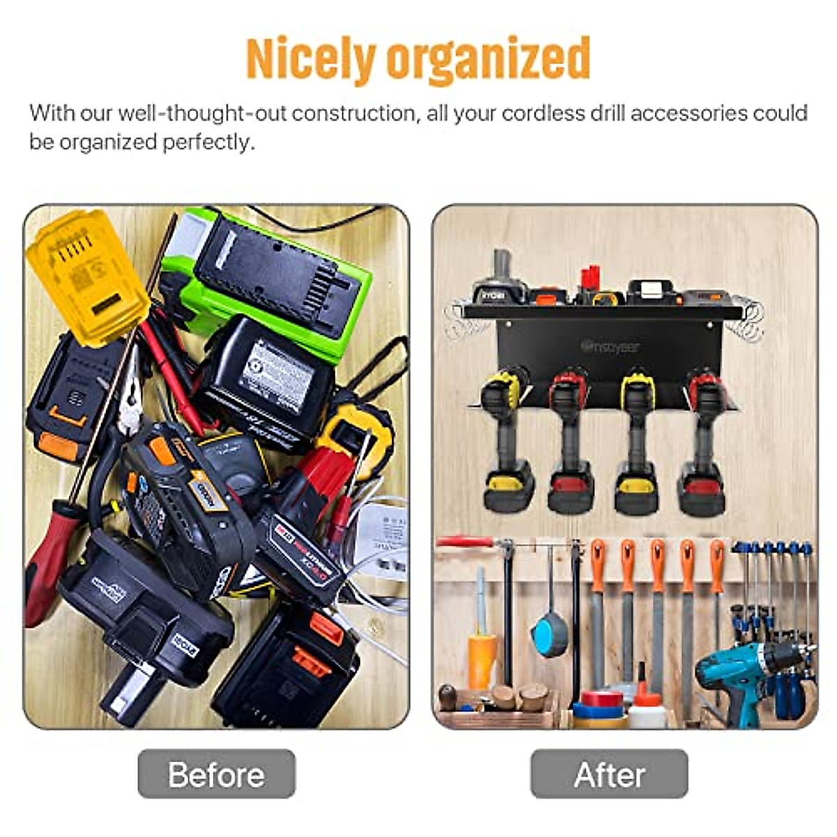 Ensayeer Power Tool Organizer, Cordless Drill Storage, Drill Holder Storage Wall Mount Shelf Rack, Charging Station to optimize Garage Organization and Power Tools Storage