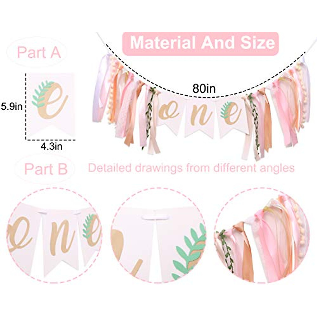 WAHAWU Baby Girl Banner for 1st Birthday - Green Leaf Pink Gold Tan , Rustic High Chair Banner , Boho High Chair Bunting , Photo Decoration Props , Birthday Party Gifts for Girls (Green Leaf pink banner)