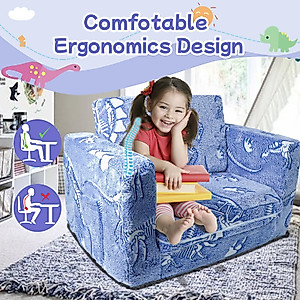 OSYKIU Kids Couch, 2-in-1 Toddler Sofa Fold Out, Comfy Toddler Sofa Chair, Convertible Kids Couch to Lounger, Dinosaur Baby Sofa Chair for Boys and Girls Gifts, Folding Kids Play Sofa Bed