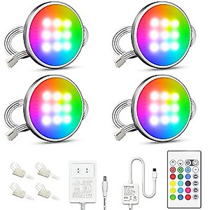 MYPLUS Under Cabinet Lighting Kit, RGB Puck Lights with Remote Control Color Changing and Bright LEDs,12V, 7.5W Plug-in Wired led Lighting kit for Cabinet, Counter, Closet, Shelf, Display Case