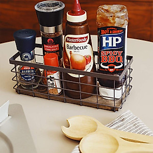 TIEYIPIN Small Metal Wire Storage Basket, Detachable Wood Base Storage Organizer Bin Basket for Kitchen Cabinets, Bathroom, Pantry, Garage, Laundry Room - Brown