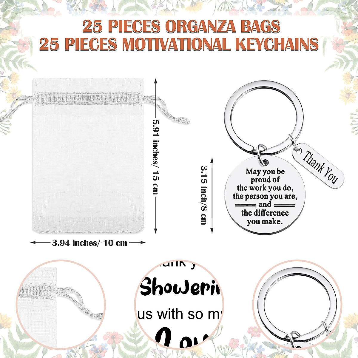 Huquary 25 Sets Employee Appreciation Gifts for Coworker Include 25 Pcs Thank You Keychain 25 Pcs White Seed Packets with White Organza Bags (No Seeds)