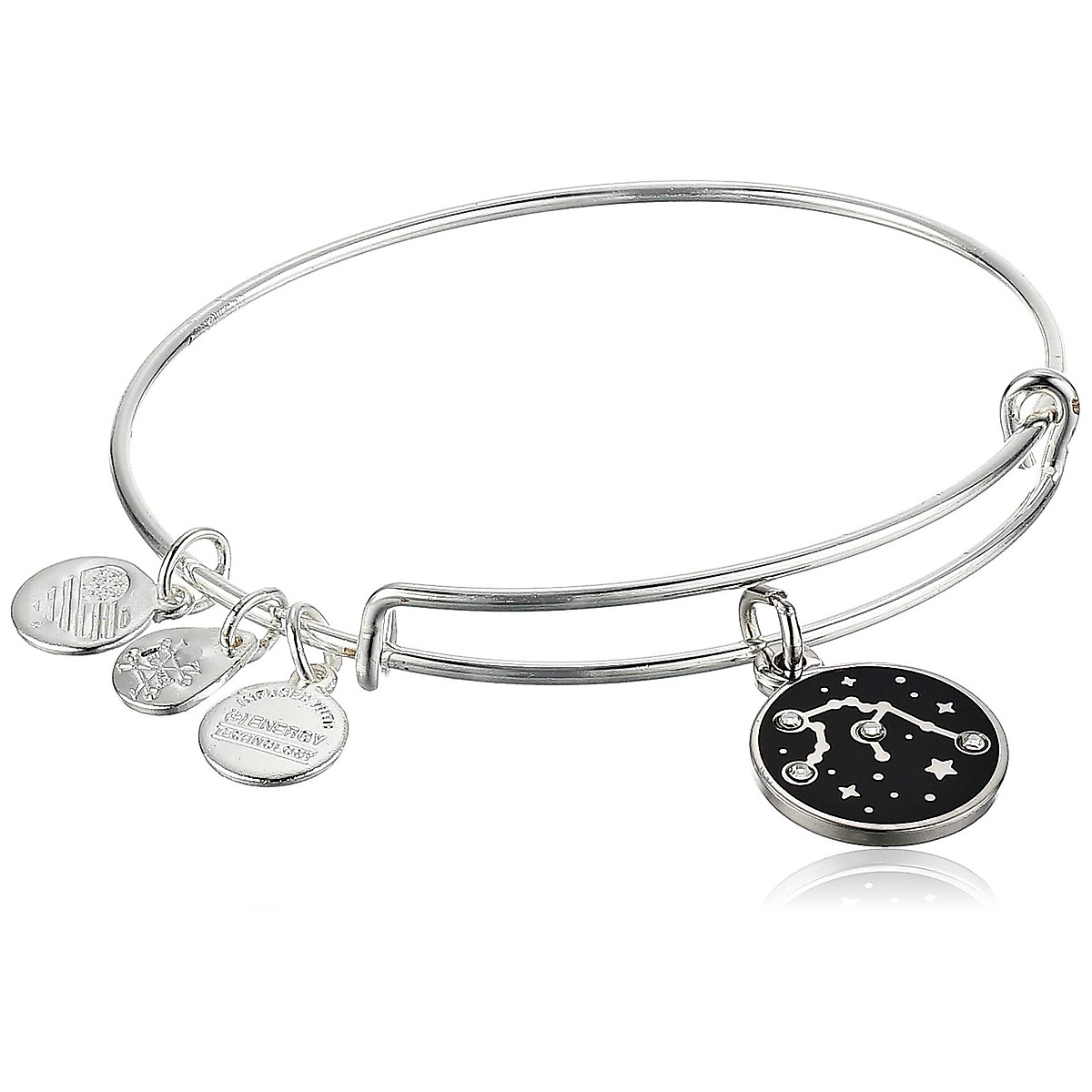Alex and Ani Zodiac Expandable Bangle for Women, Aquarius Charm, Black Epoxy and Crystals, Shiny Silver Finish, 2 to 3.5 in