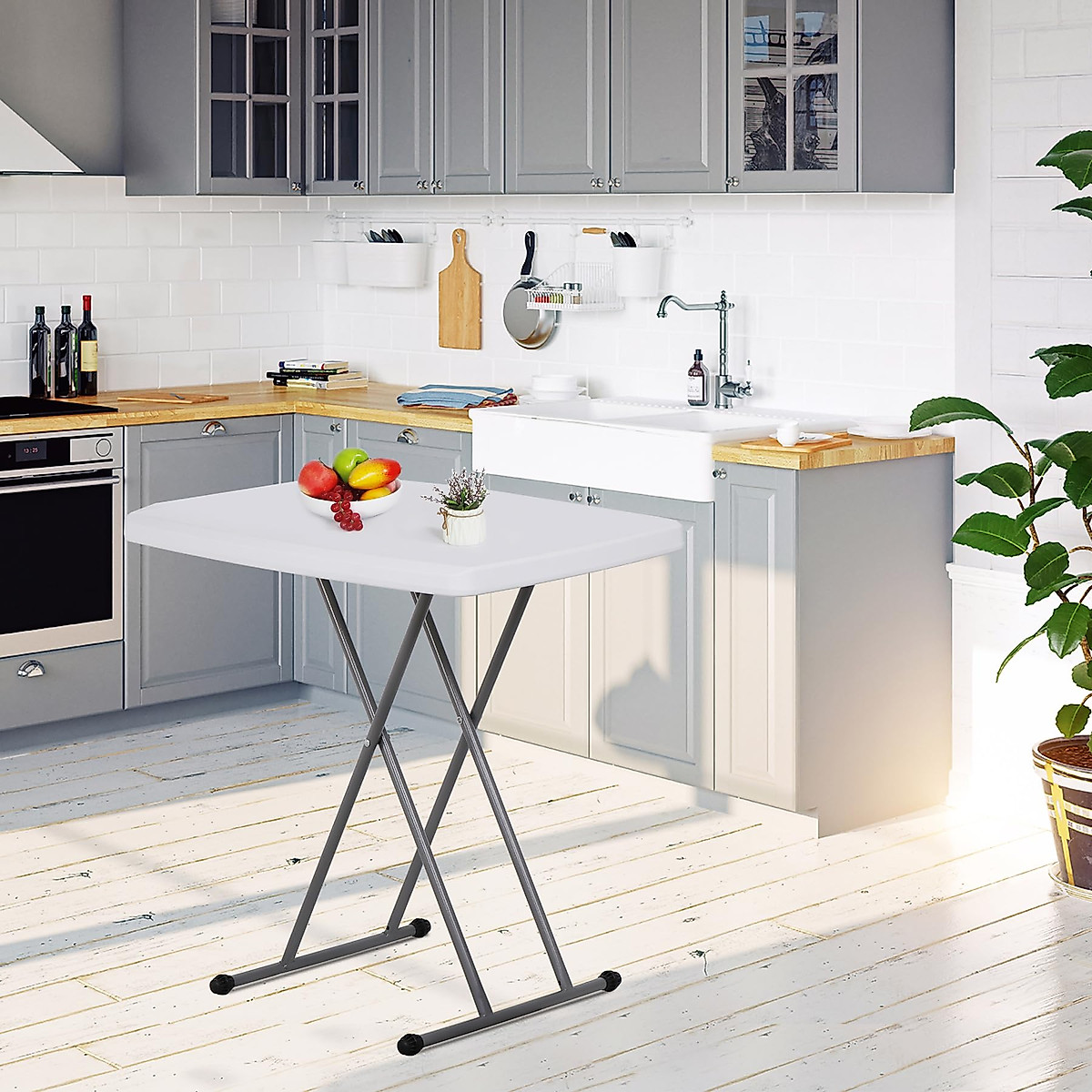 SUPER DEAL 2.5 Foot Plastic Folding Table, Indoor Outdoor Portable Heavy Duty Adjustable Height Kitchen or Camping Barbecues Picnic Party Table, White