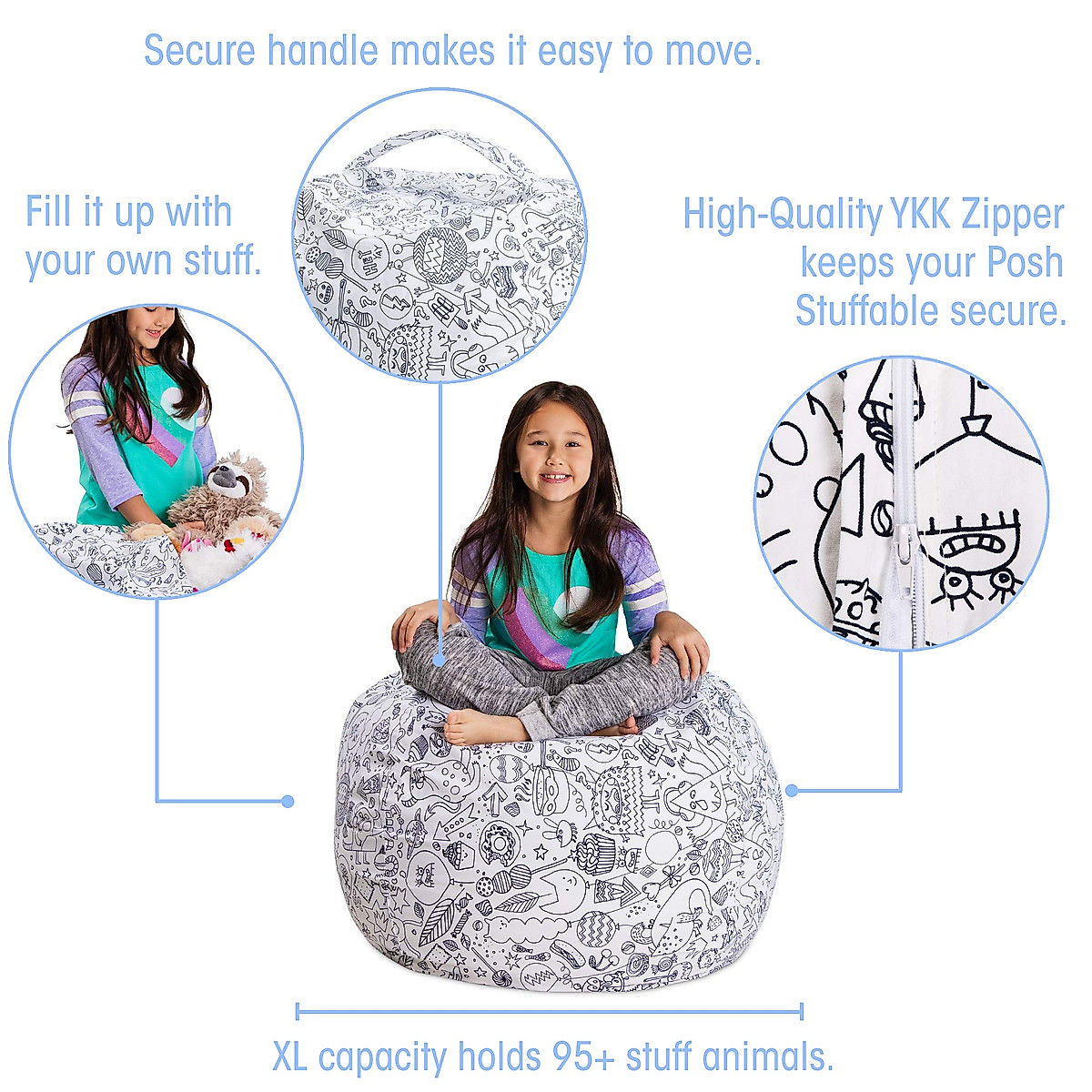 Posh Stuffable Kids Stuffed Animal Storage Bean Bag Chair Cover - Childrens Toy Organizer, Large 38" - Canvas Fun Creatures Coloring Fabric