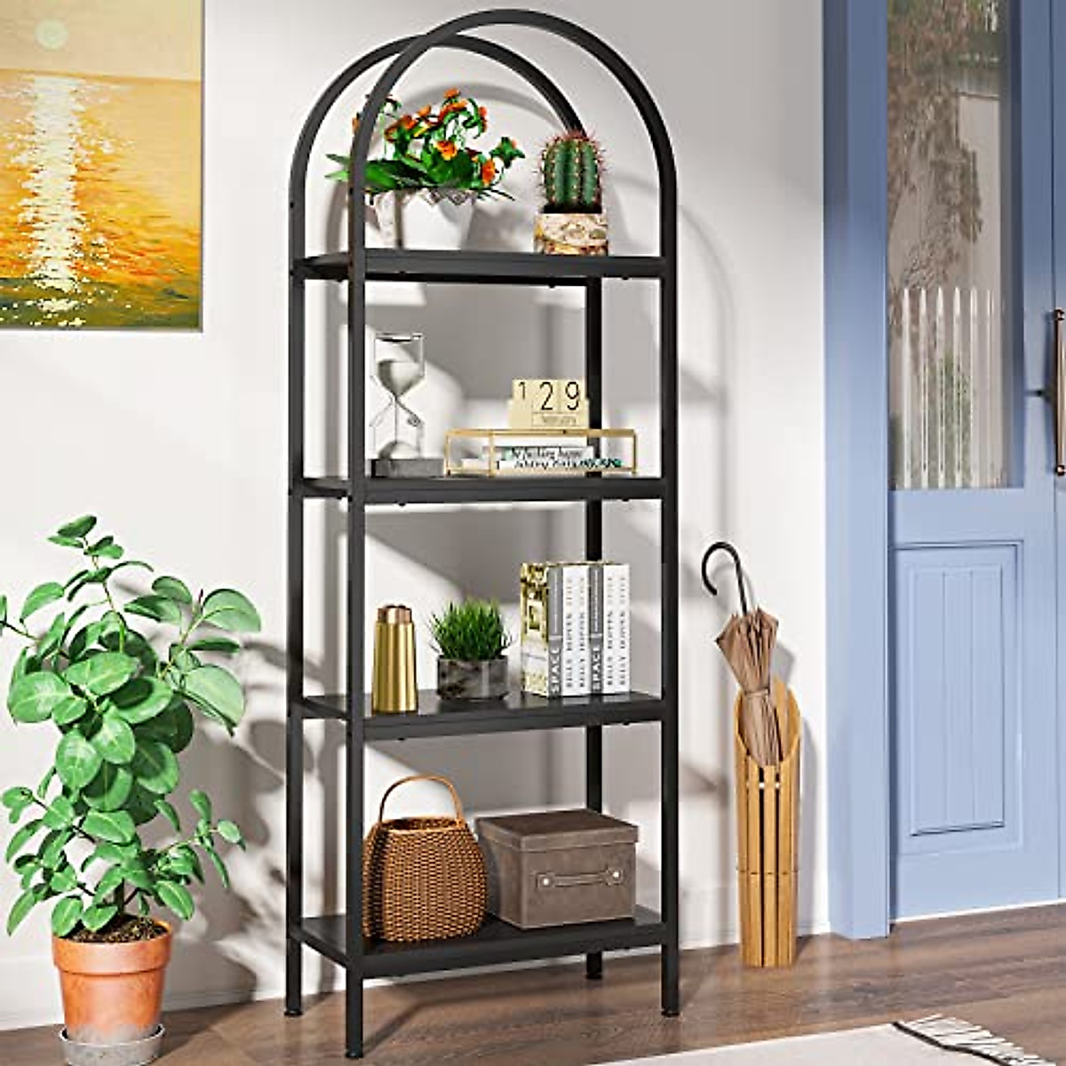LITTLE TREE 4-Tier Arched Bookshelf, Tall Open Bookcase Storage Shelves, Wood Metal Freestanding Display Rack Tall Shelving Unit for Home Office, Bedroom, Living Room, Industrial Black