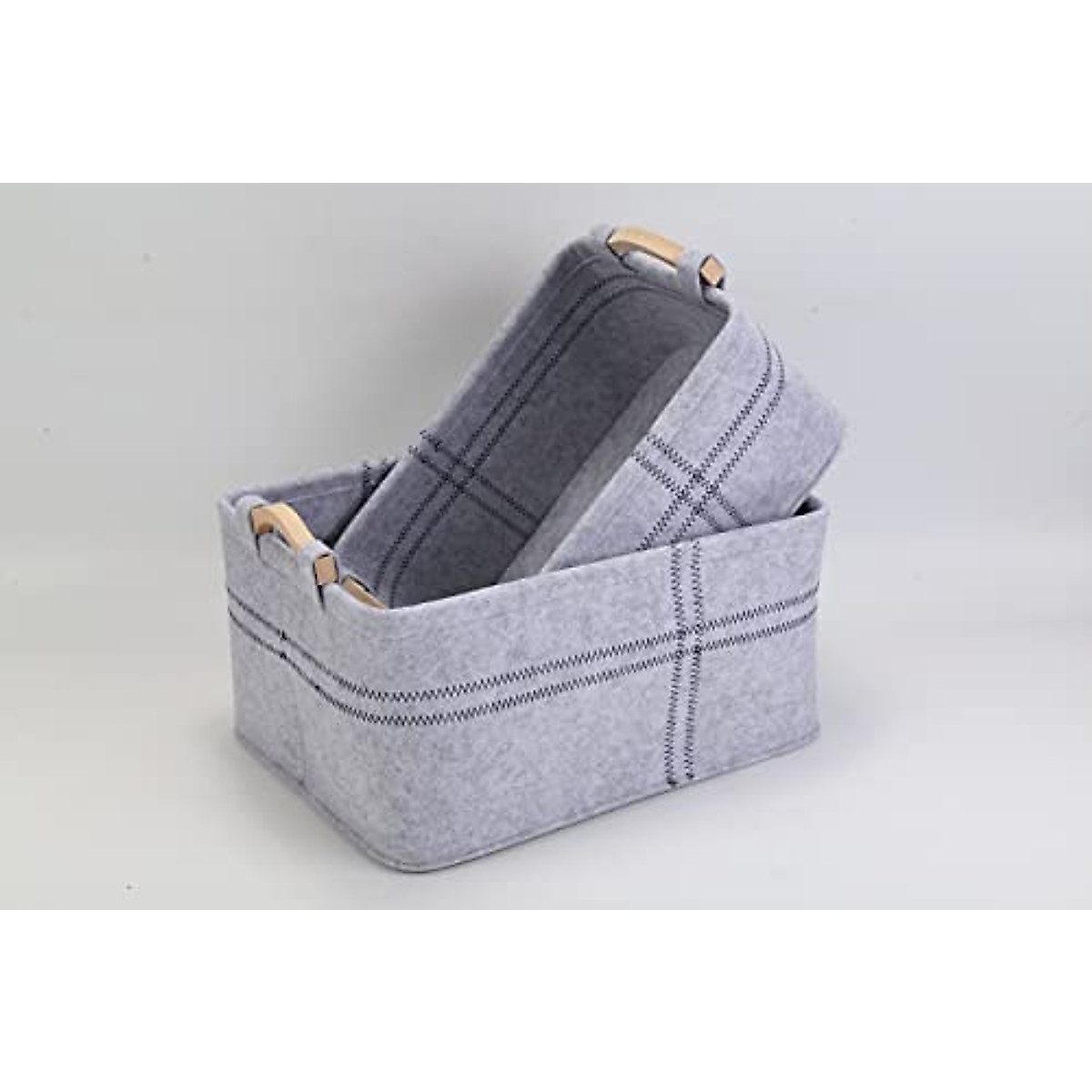 Set of 2 Hand Woven Fabric Storage Baskets with Wooden Handle Cubic Storage Box, Suitable for Home Wardrobe, Clothes, Toys, Shelf Organization and Decorative Baskets