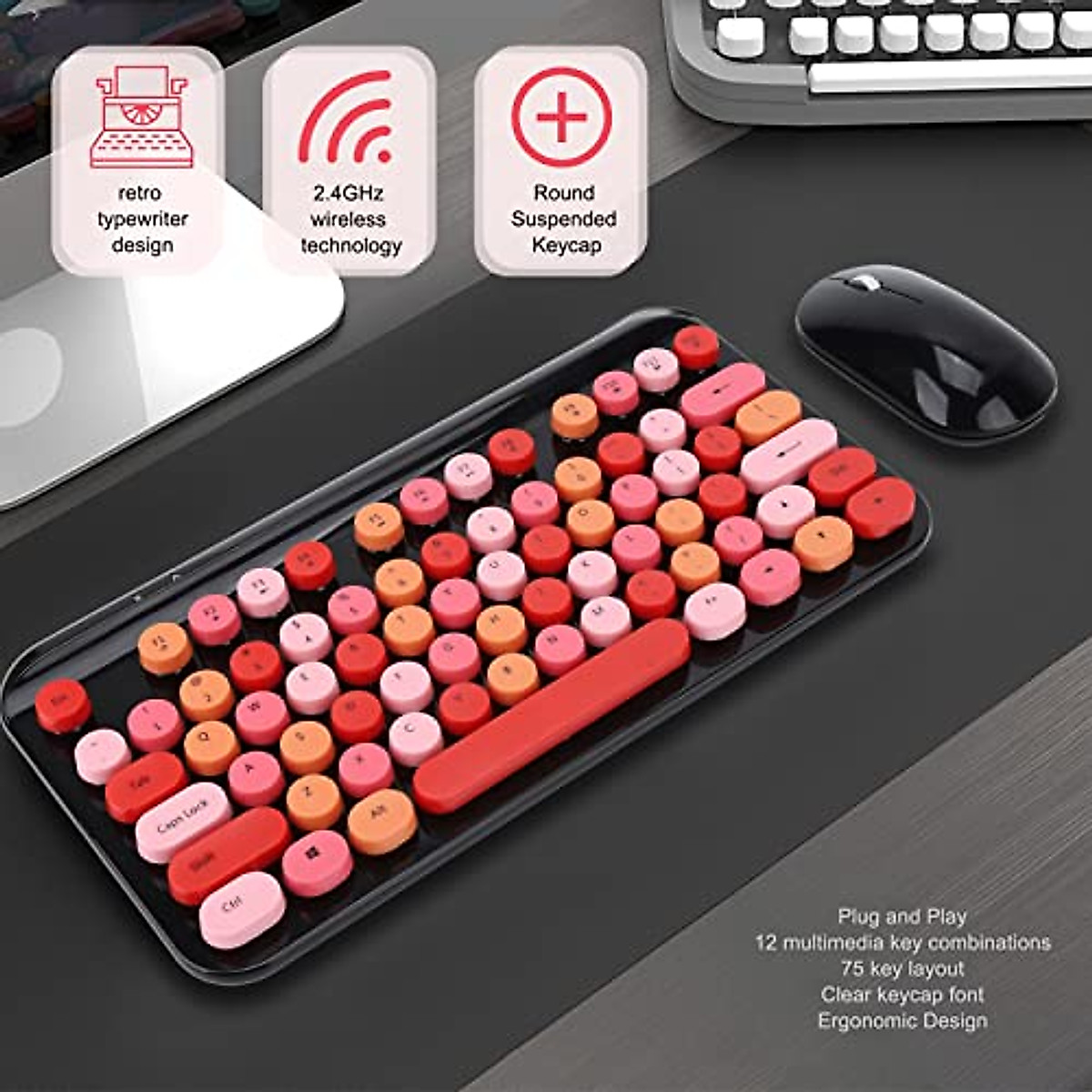 Wireless Keyboard and Mouse Combo, 2.4 GHz USB Keyboard Mouse, 75 Keys Full Size Gaming Keyboard, 1600 DPI 3 Keys Mouse, for Desktop, PC, Laptop(Red Black)