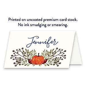 Koko Paper Co Thanksgiving Table Place Cards with Pumpkin and Fall Leaves | 50 Tent Style Dinner Setting Name Cards | Designed and Made in the U.S.A.