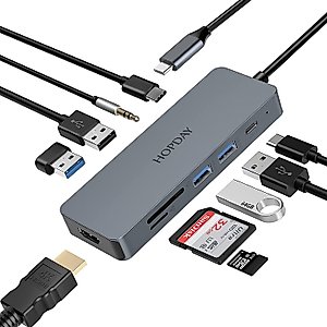 HOPDAY 10 in 1 USB C Hub, USB C Adapter MacBook Pro/Air iPad Pro Adapter with 4K HDMI Output, Compatible for Laptop, Surface Pro 8, Type C Devices (PD 100W USB 3.0 TF Card Reader)